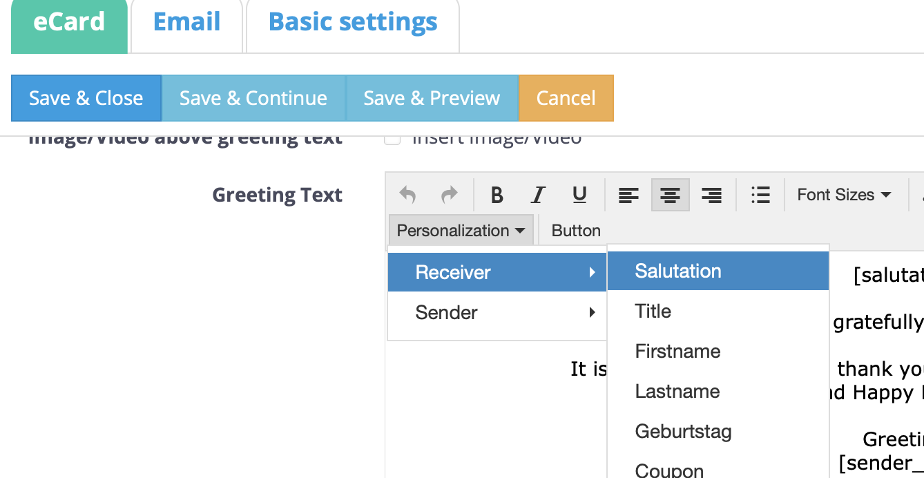 Personalize your eCard with automated Salutations and Sendername!
